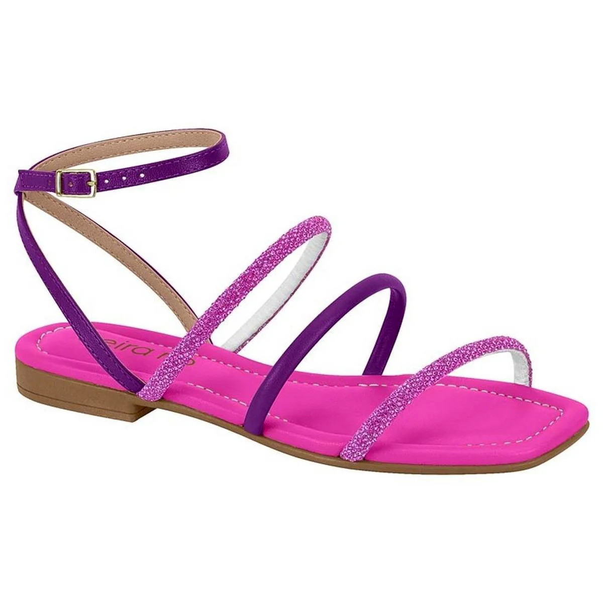 Rasteira Beira Rio Flat Tiras Strass Com Traseiro - Rosa e Violeta Rosa